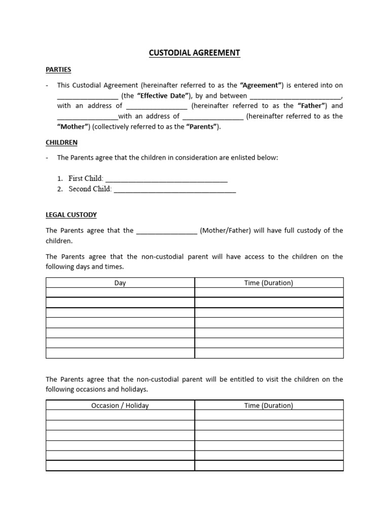 Custody Agreement Template | PDF | Child Custody | Child Welfare
