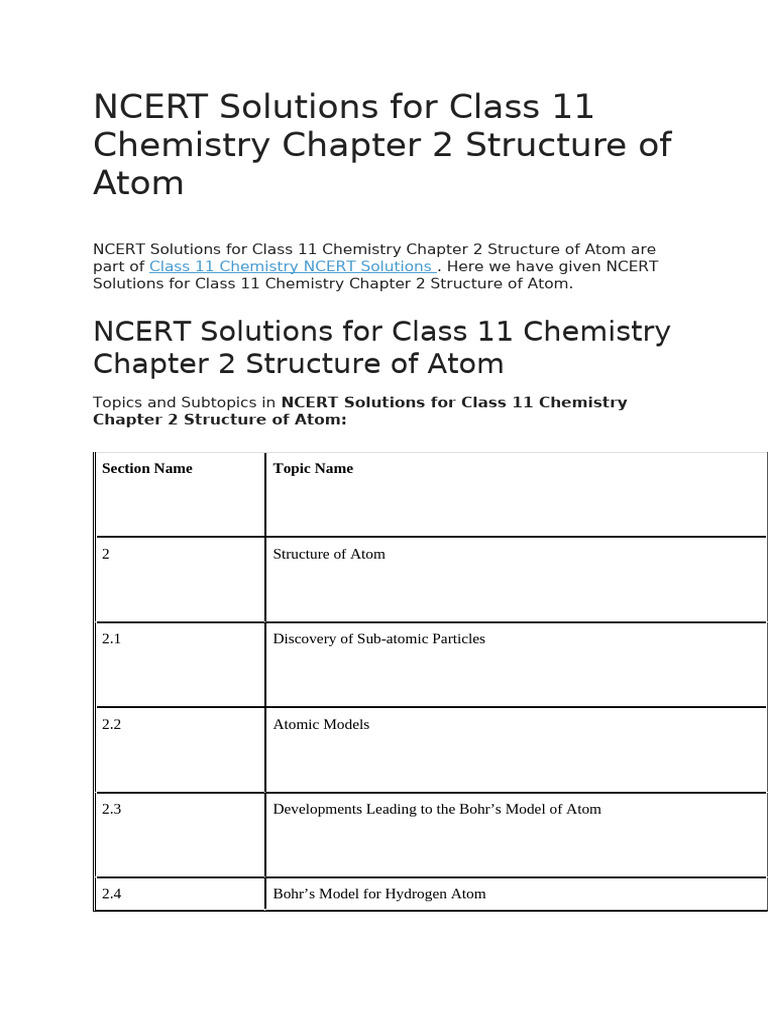 NCERT Solutions For Class 11 Chemistry Chapter 2 Structure of Atom ...