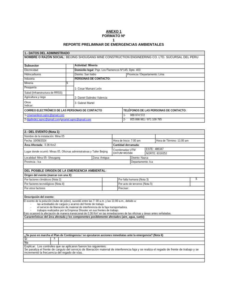Reporte de Emergencia Ambiental en Mina | PDF