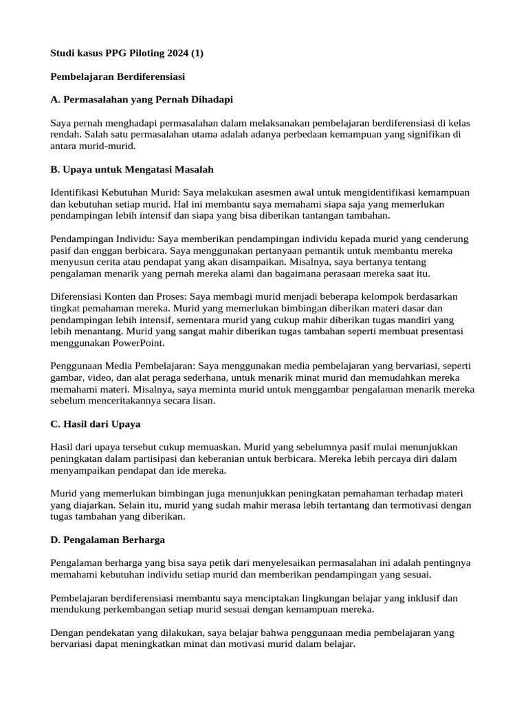 Studi Kasus PPG Piloting 2024, ZK | PDF