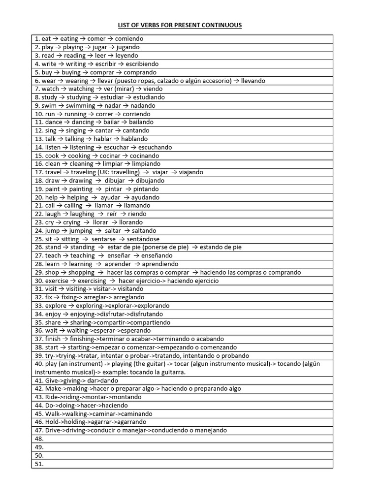 List of Verbs For Present Continuous - Lesson 4 - Practice 4 | PDF ...