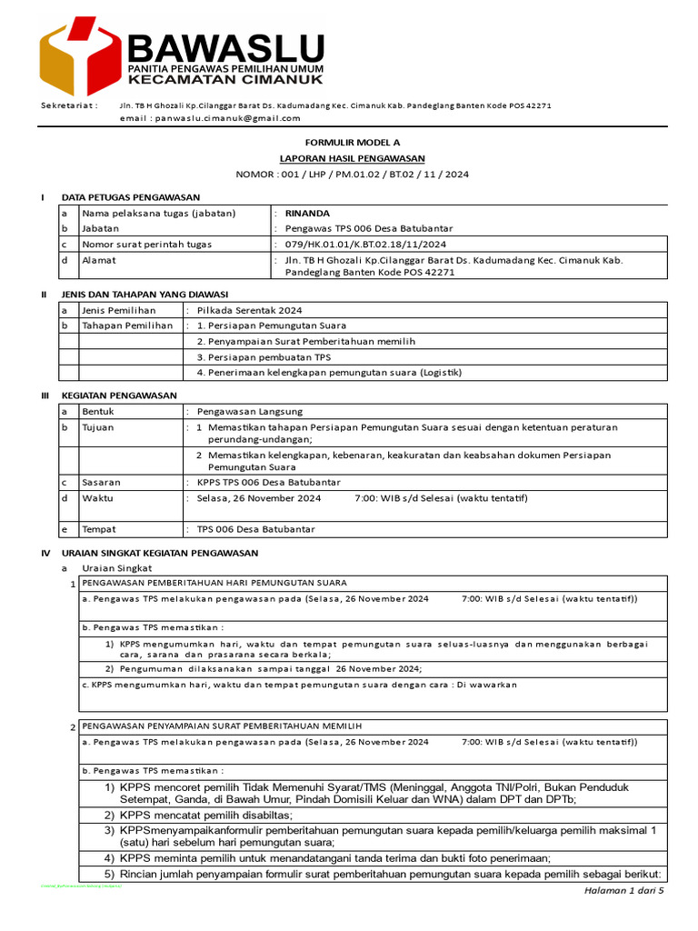 Formulir Model A Cimanuk Khusus PTPS (Persiapan RINANDA) | PDF