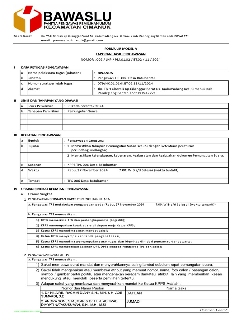Formulir Model A Cimanuk Khusus PTPS (Pemungutan RINANDA) | PDF