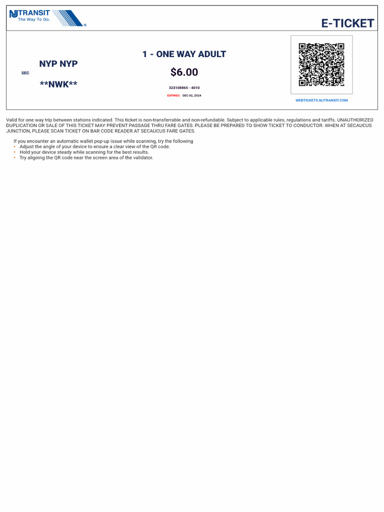 NJTransit Webticket 323108865 | PDF
