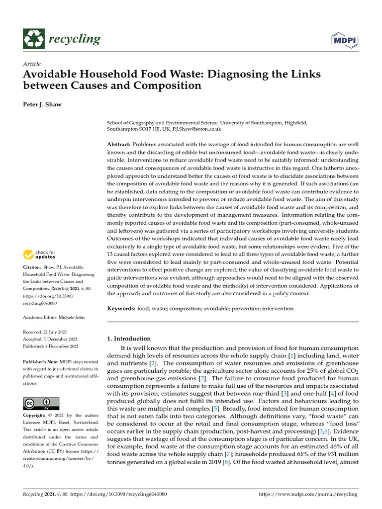 Avoidable Household Food Waste Diagnosing The Link | PDF | Waste