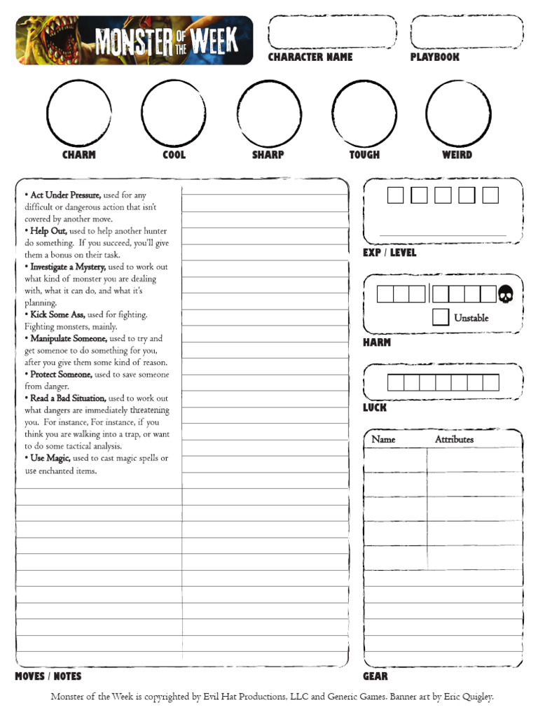 MotW Character Sheet (Basic Moves) | PDF