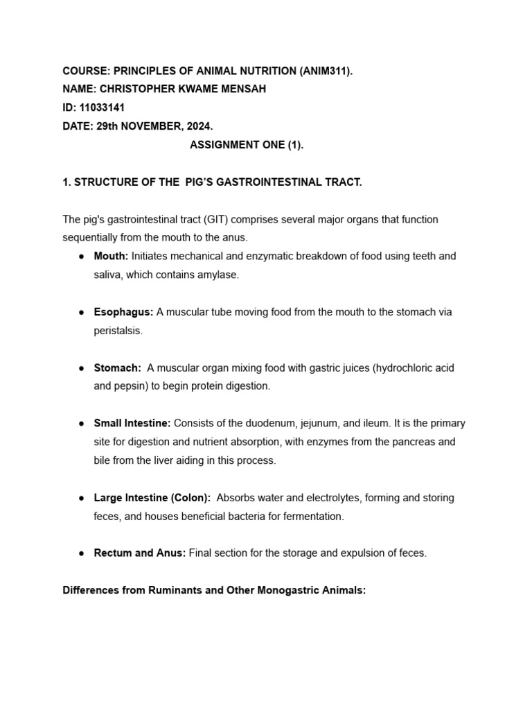 Principles of Animal Nutrition Assignment | PDF | Digestion | Small ...