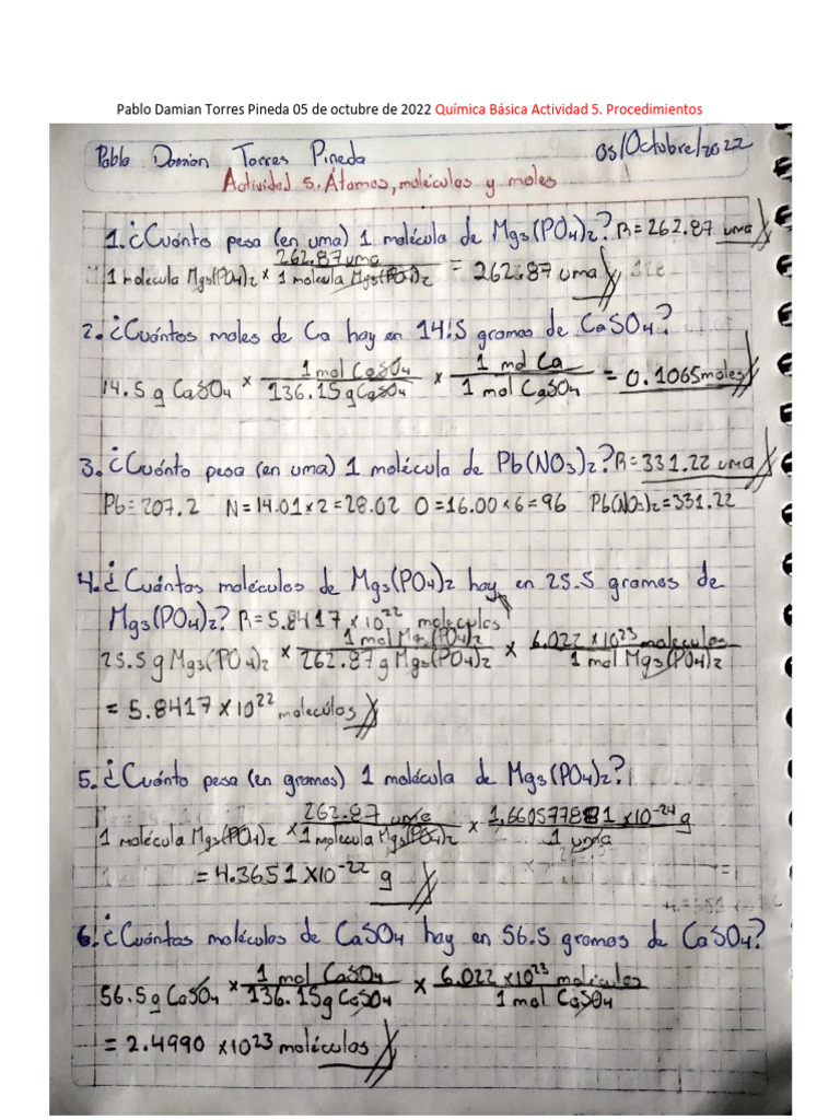 Actividad 5. Átomos, Moléculas y Moles | PDF