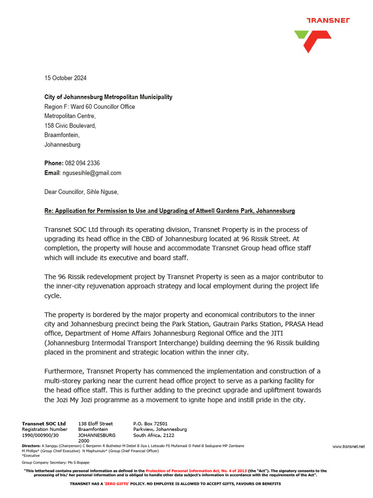 Transnet Property - Application For Use and Upgrdade of Attwell Gardens ...