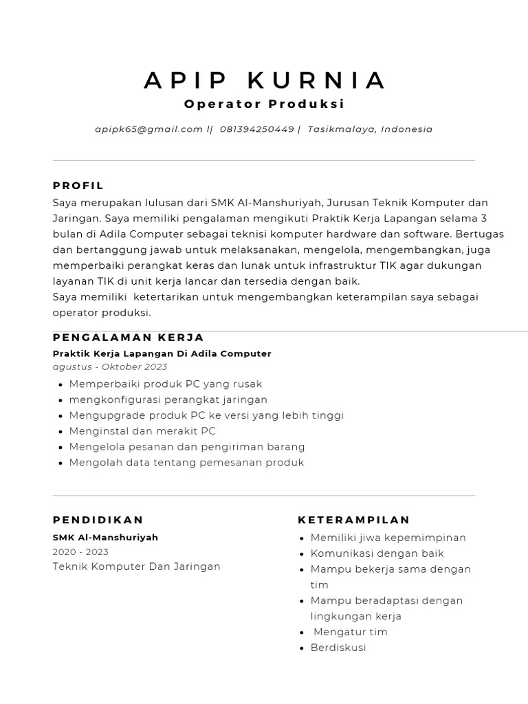 CV Operator Produksi Lulusan SMK | PDF | Komputer