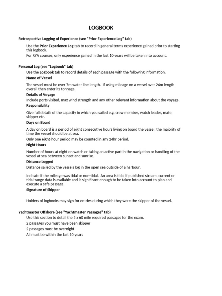 RYA Yachtmaster Logbook Template | PDF | Ships | Shipping