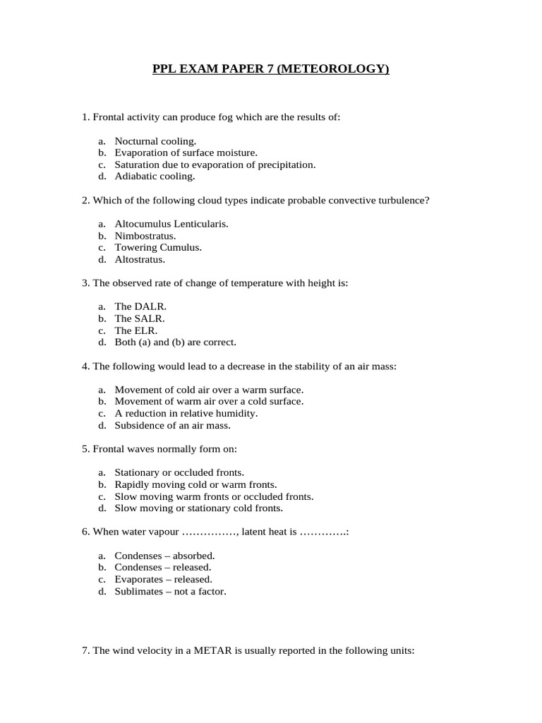 PPL Exam Meteorology # 7 | PDF | Cloud | Fog