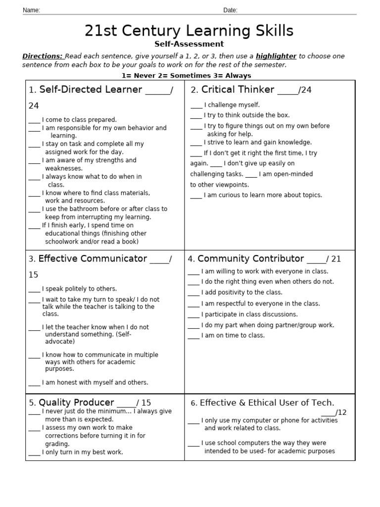 21st Century Learning Skills Self-Assessment | PDF | Learning ...