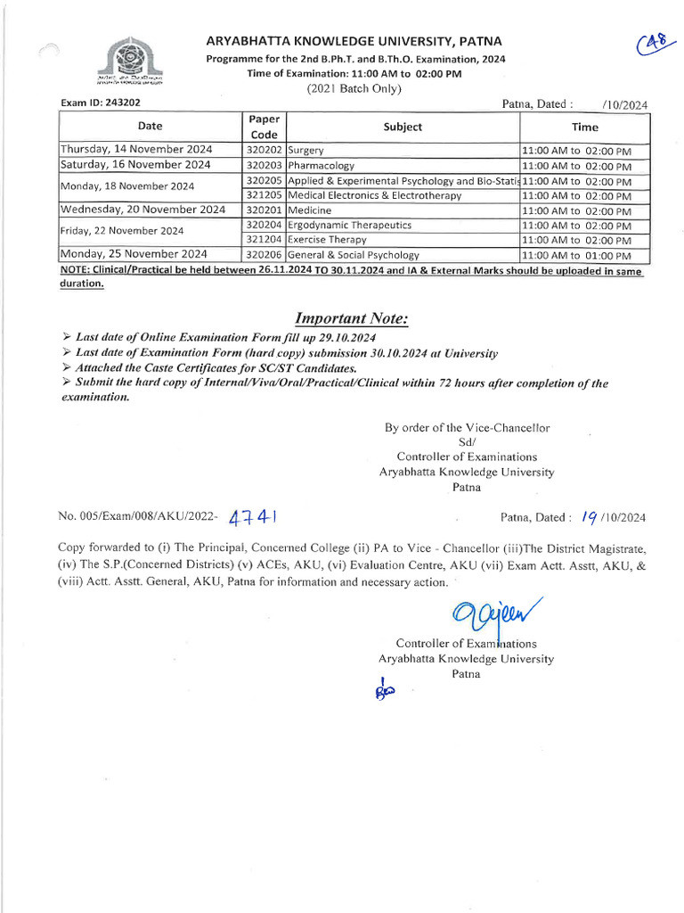 243202-2nd B.Ph.T. and B.Th.O. Examination 2024 (2021 Bath Only) Lt. No. 4741 Dt. 19.10.24 | PDF