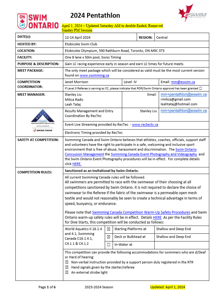Pentathlon 04052024 | PDF | Swimming (Sport) | Swimming
