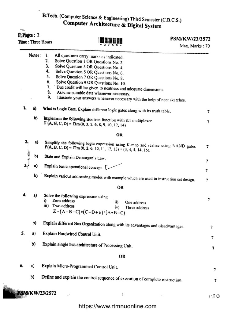Cse 3 Sem Computer Architecture and Digital System 2572 Winter 2023 | PDF