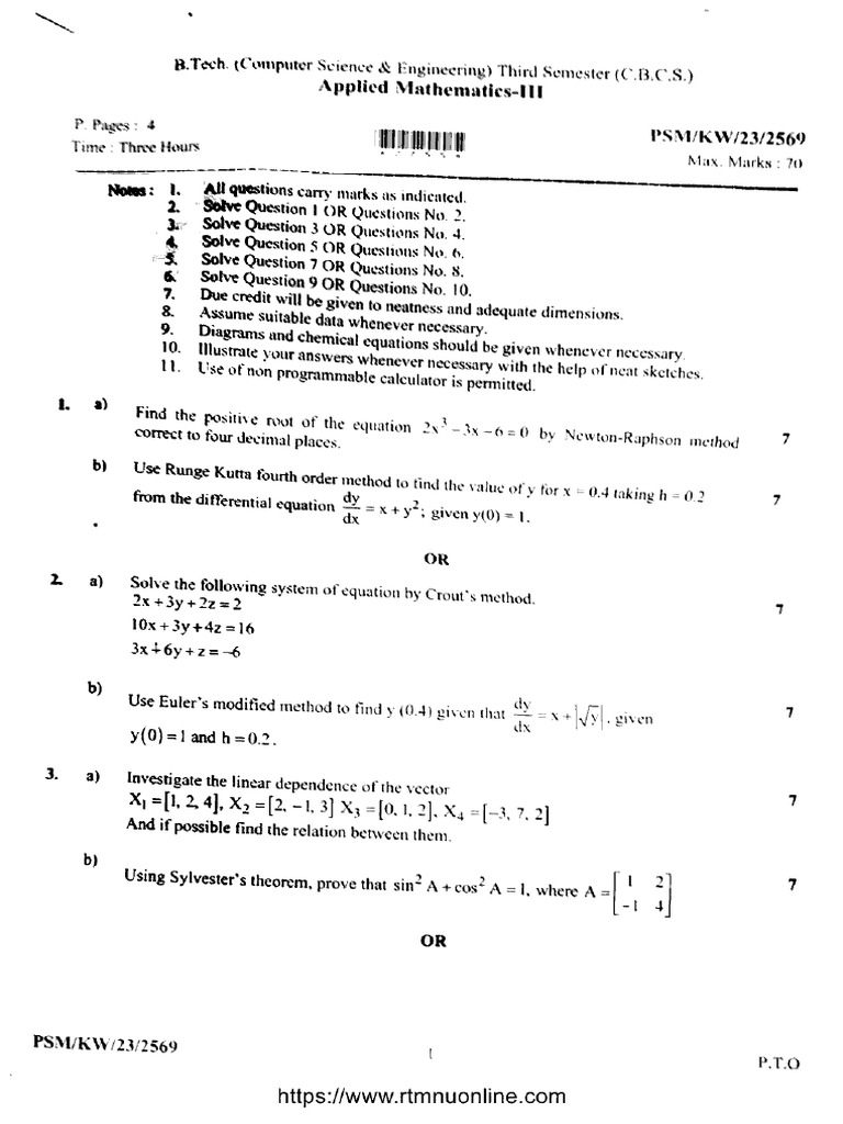 Cse 3 Sem Applied Mathematics 3 2569 Winter 2023 | PDF
