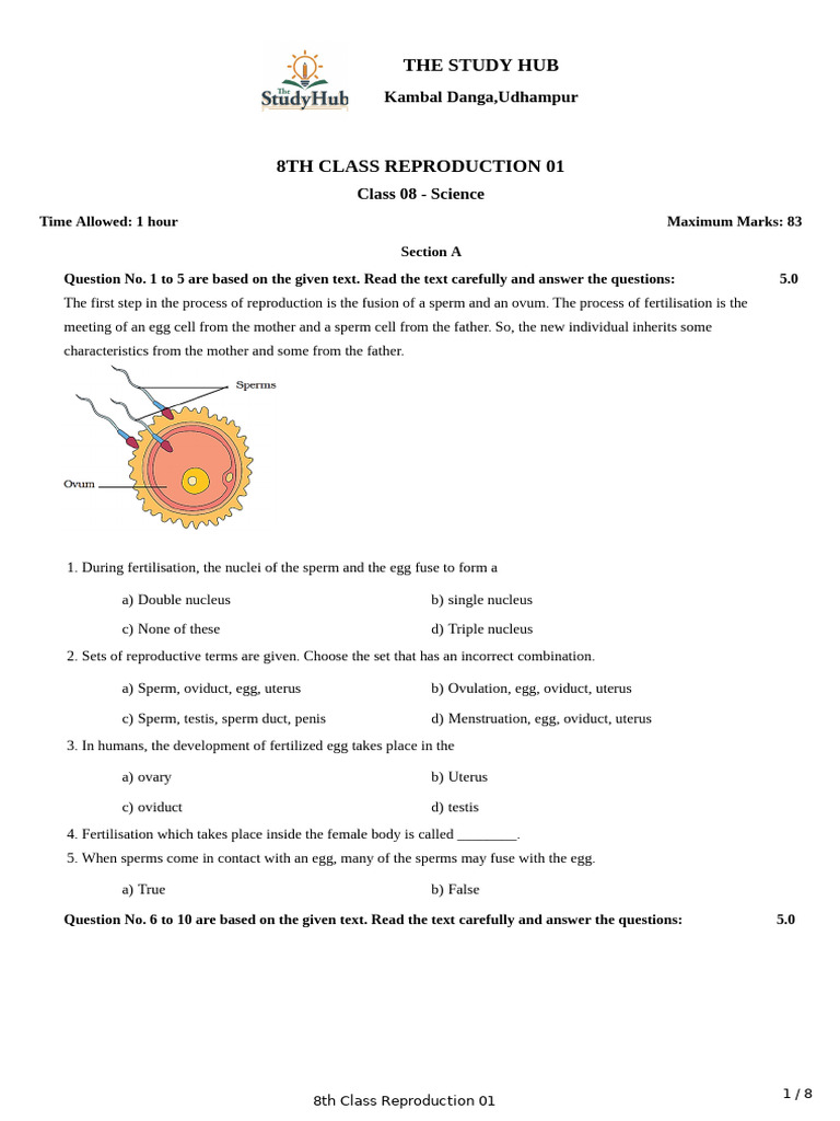 8th Class Reproduction 01 | PDF | Human Reproduction | Fertilisation