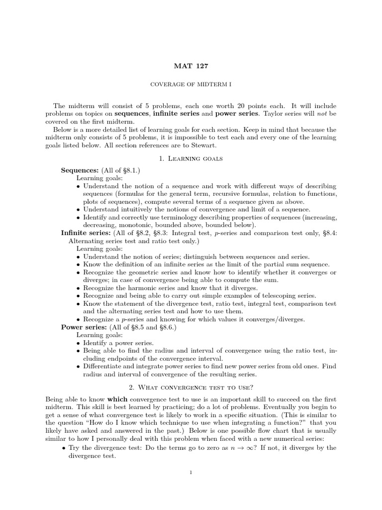 MAT 127 SBU Midterm 1 Study Guide | PDF | Sequence | Series (Mathematics)