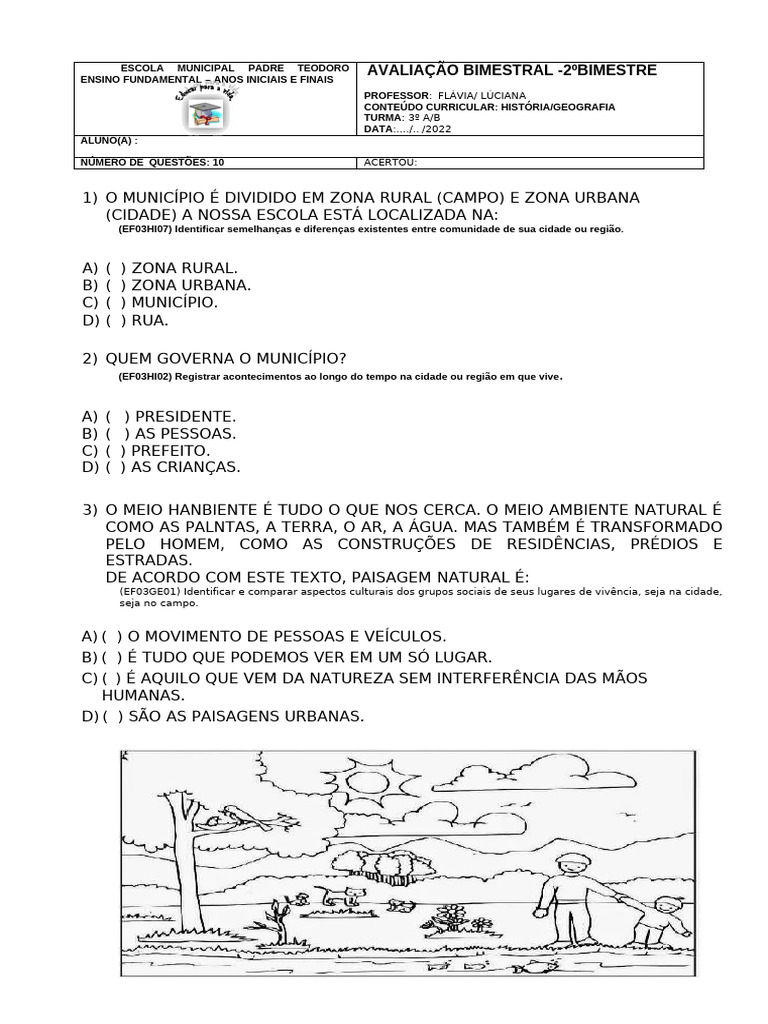 Avaliação de História e Geografia 3º Ano | PDF