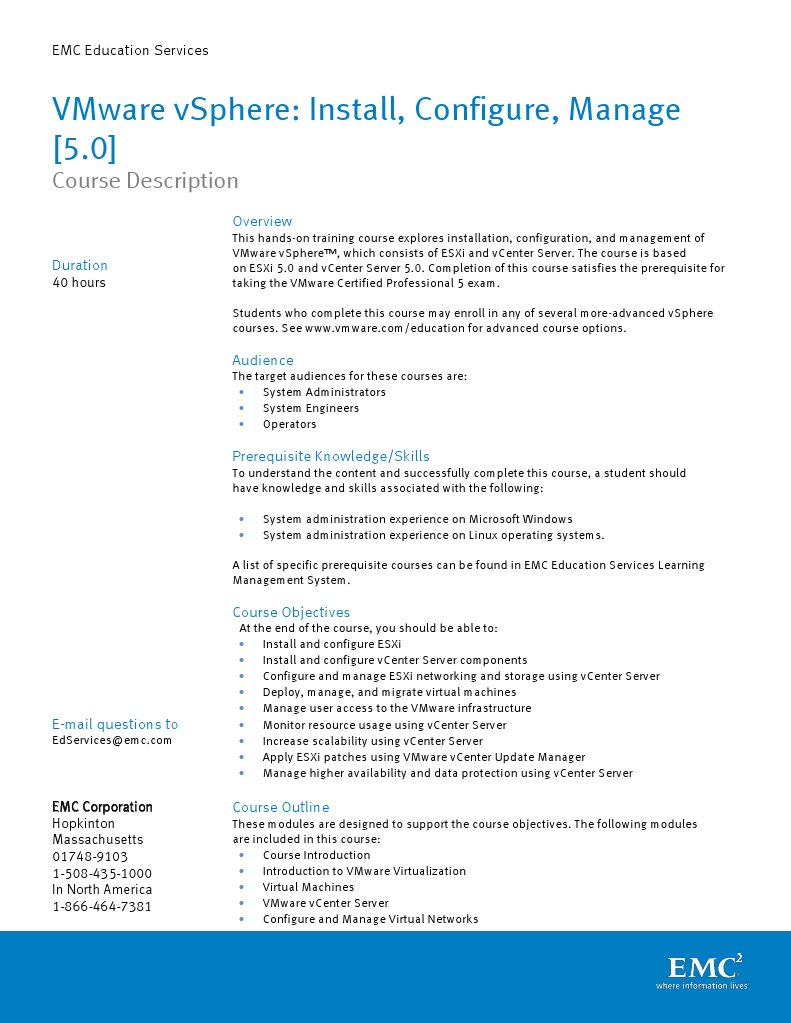 Vmware Vsphere: Install, Configure, Manage (5.0) : Course Description | PDF | V Mware | System ...