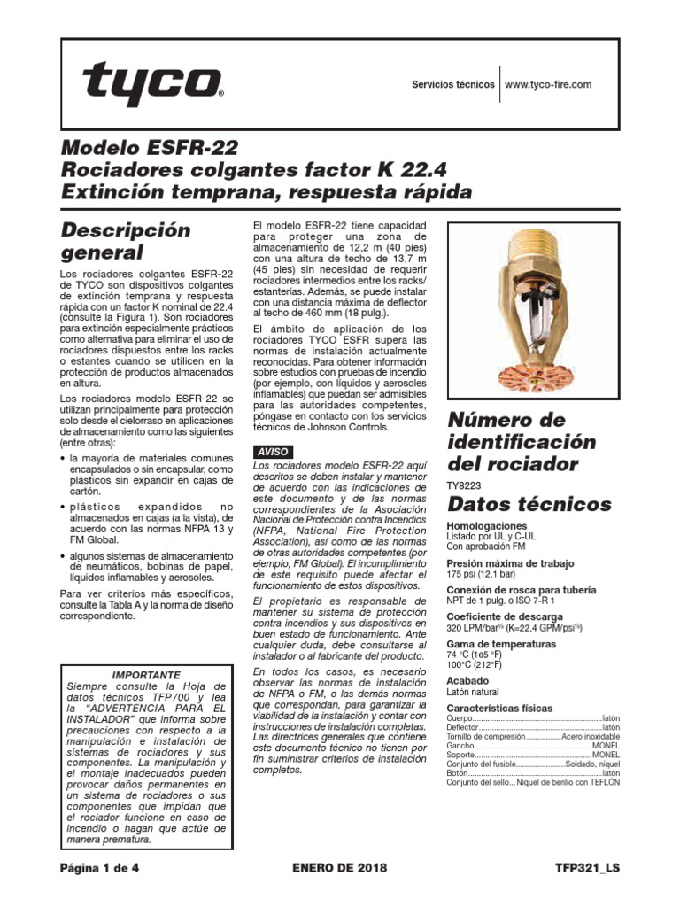 Ficha Tecnica Sprinkler ESFR K22.4 Colgante | PDF | Sistema de rociadores contra incendios ...