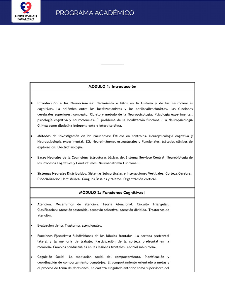Programa Academico Universidad Favaloro | PDF | Neuropsicología | Demencia
