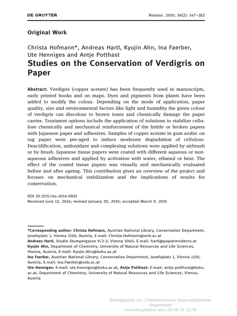 Conservation Techniques for Verdigris on Paper | PDF | Paper | Adhesive