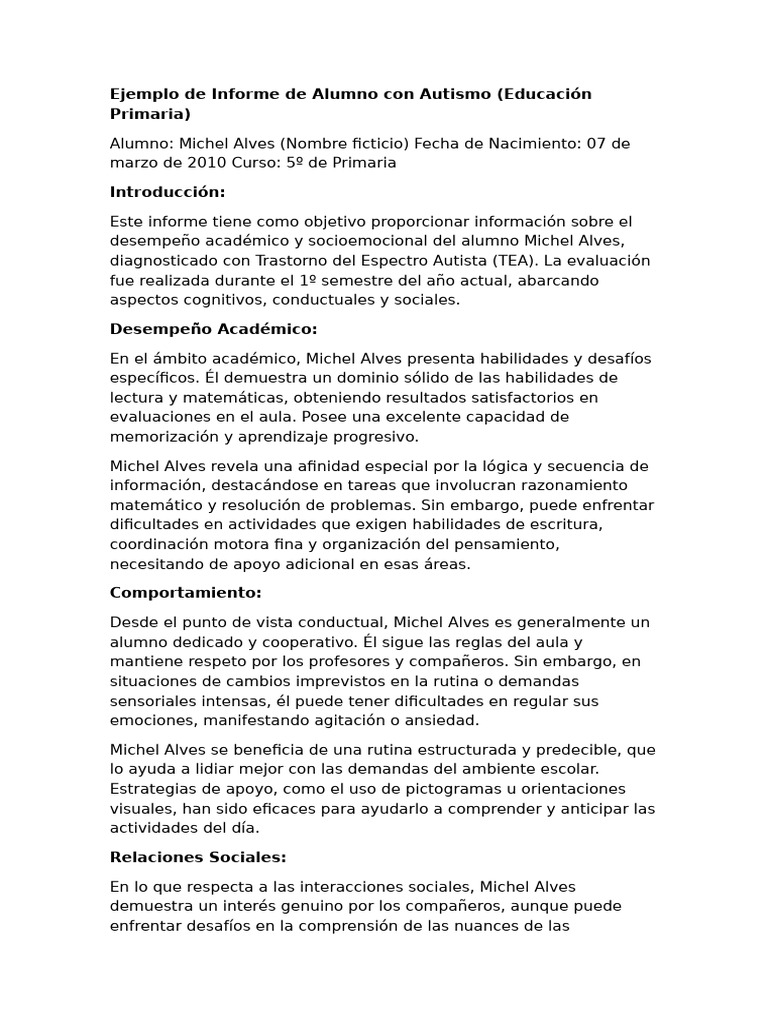Ejemplo de Informe de Alumno Con Autismo | PDF | Espectro autista ...