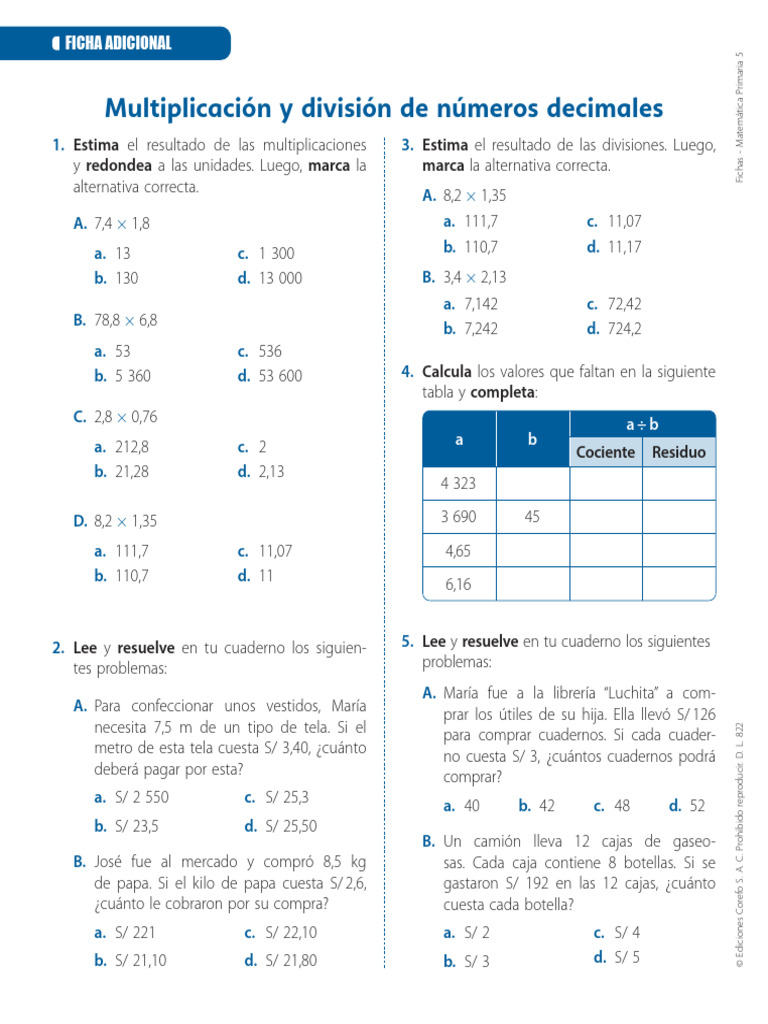 FA - Multiplicación y División de Números Decimales | PDF
