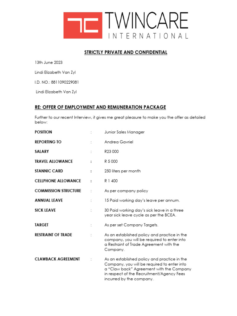 Twincare Offer of Emplyment Lindi Elizabeth Van Zyl | PDF | Salary ...