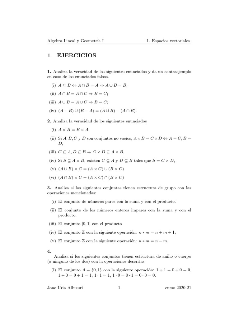 Tema 1 Ejercicios | PDF | Base (álgebra lineal) | Espacio vectorial