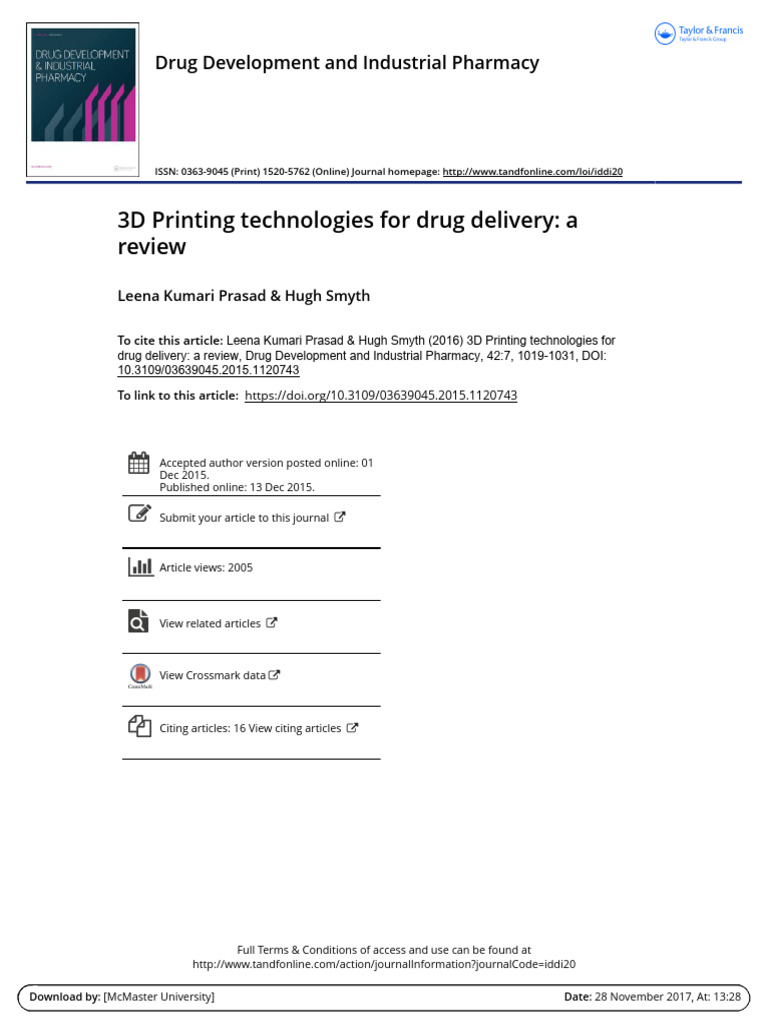 3D Printing in Drug Delivery Systems | PDF | 3 D Printing | Materials