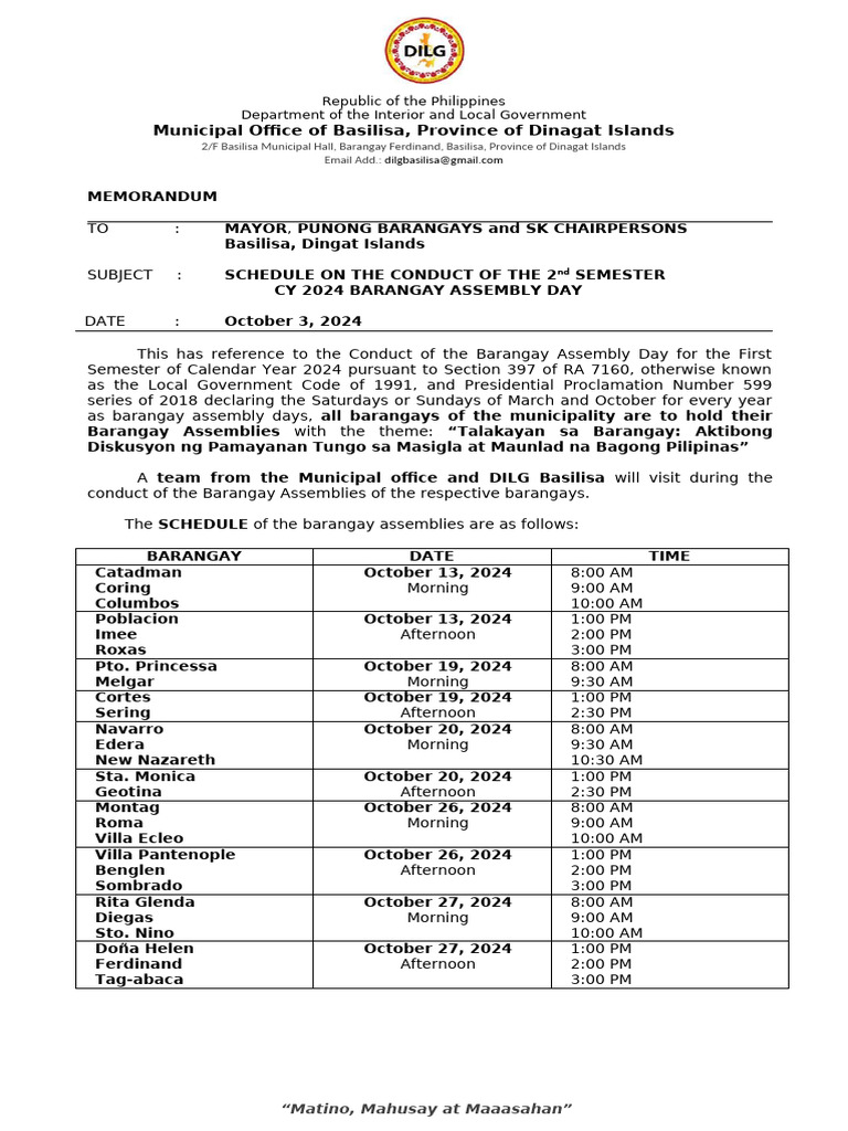 Memo Re Barangay Assembly 2ndsem 2024 | PDF | Government | Philippines