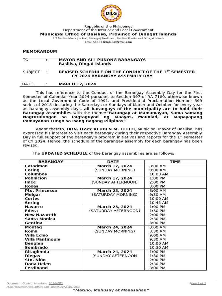 Memo Re Barangay Assembly 1sem 2024 | PDF | Philippines