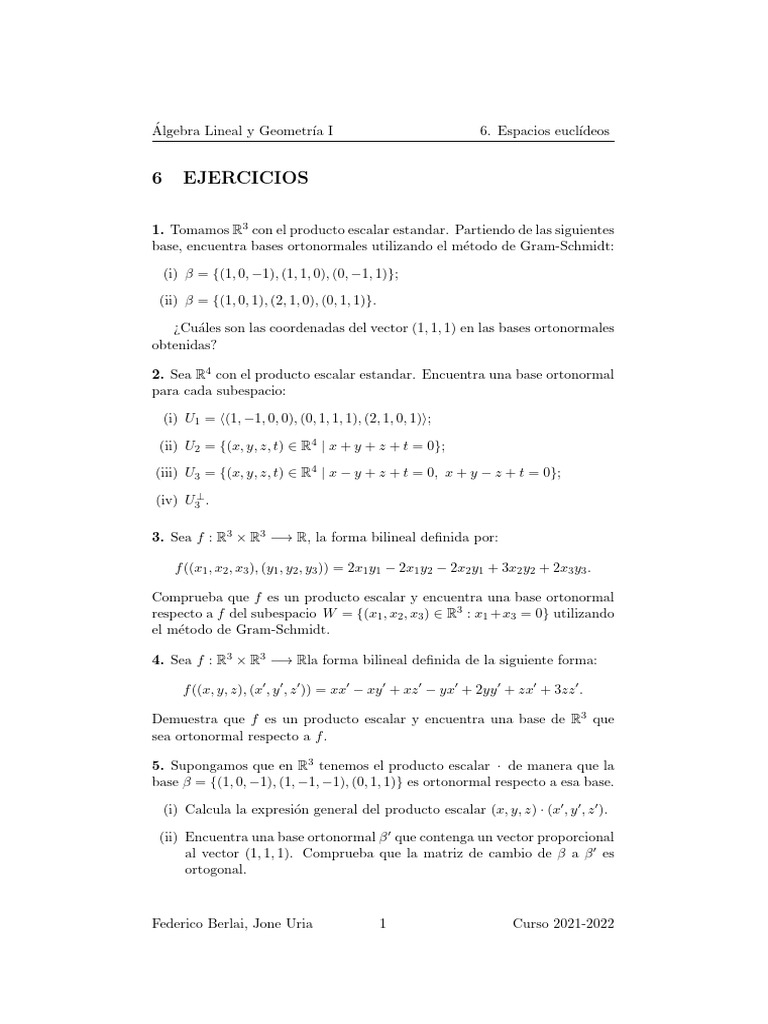 Tema 6 Ejercicios | PDF | Matriz (Matemáticas) | Base (álgebra lineal)