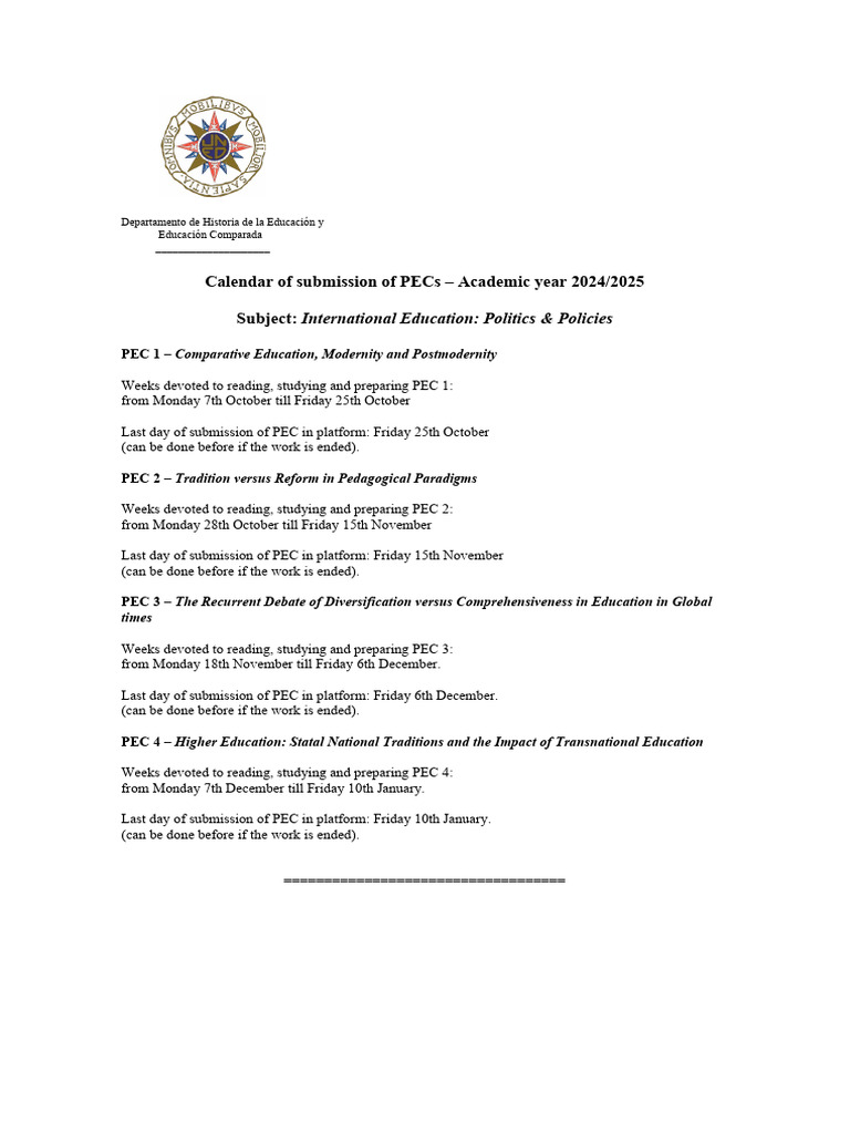 Calendar Submission of PECs 2024-2025 | PDF | Language Arts & Discipline