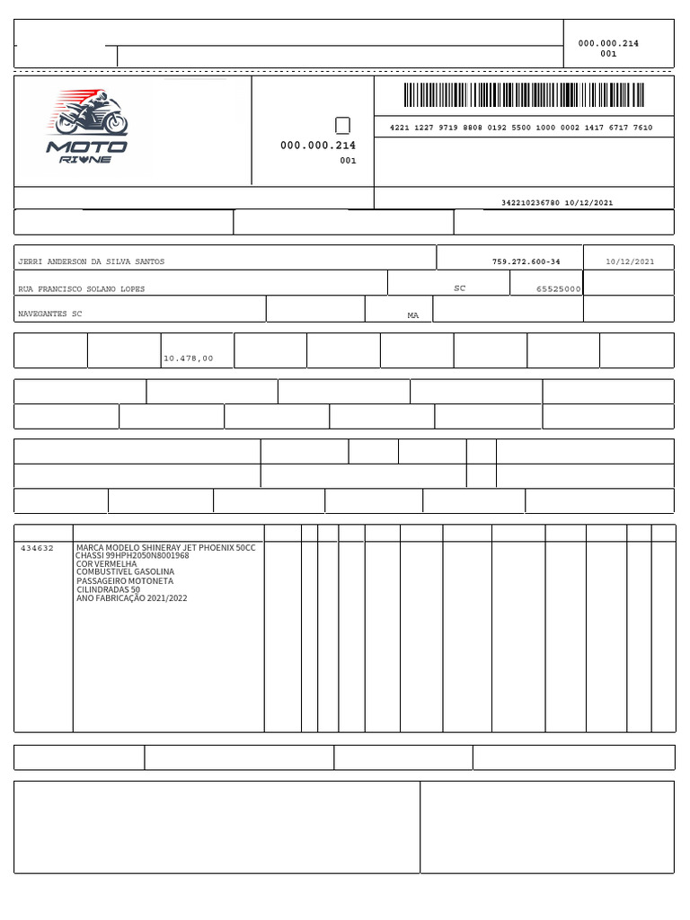 Nota Fiscal Moto | PDF | Recibo