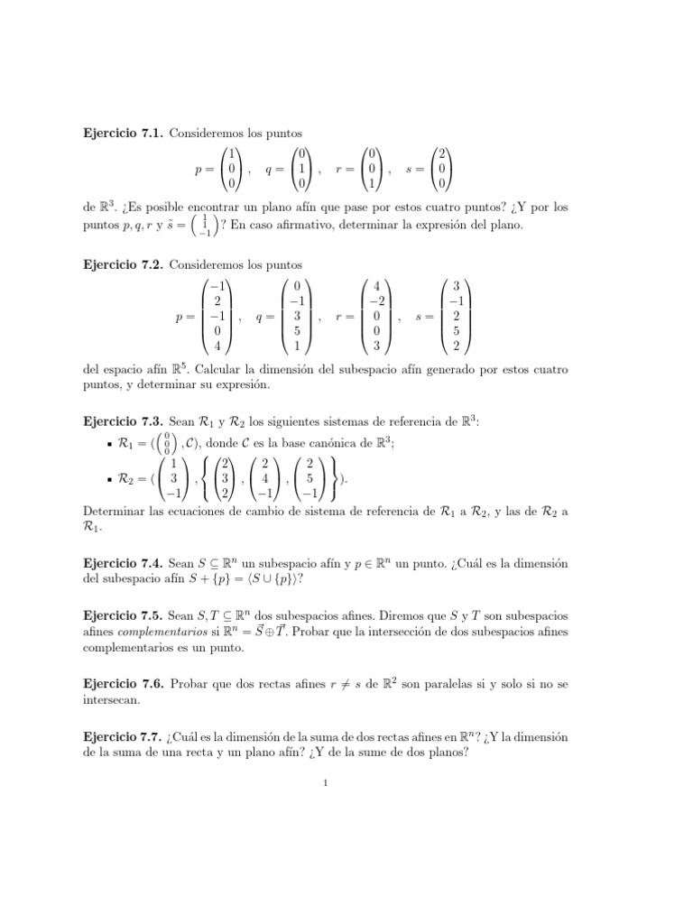 Geometria Afin Ejercicios | PDF | Espacio vectorial | Subespacio lineal