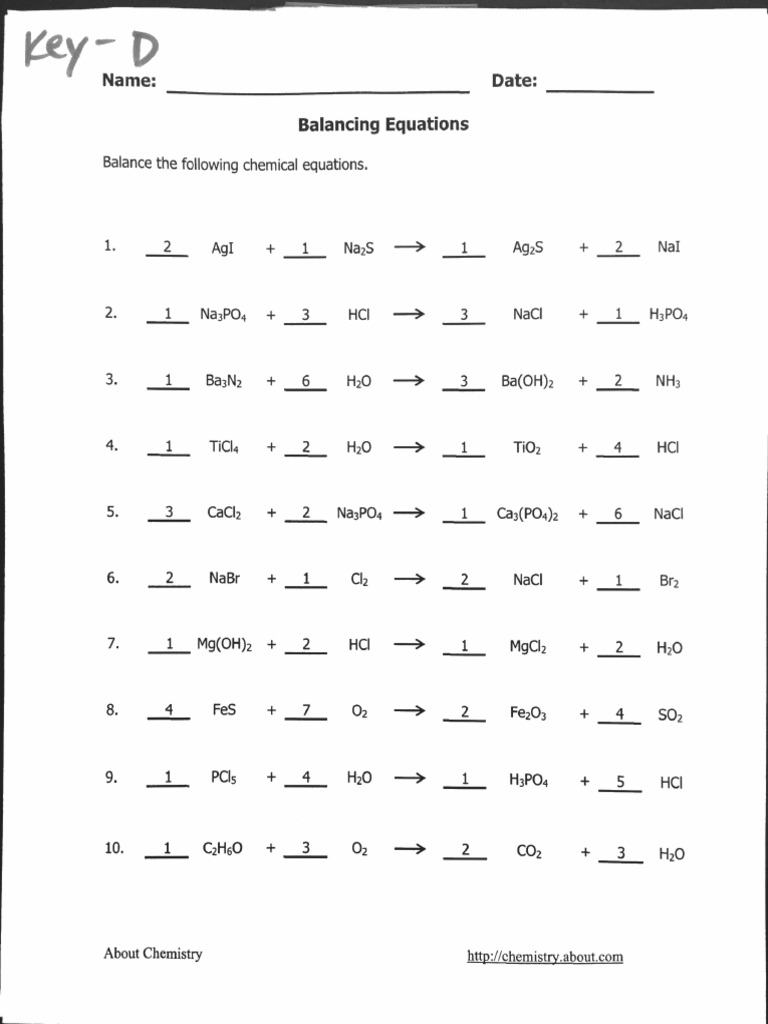 Balancing Chemical Equations KEYS | PDF