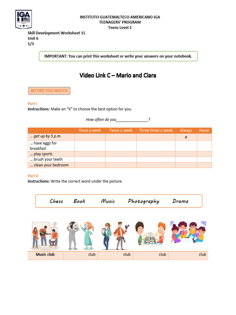 PDPWORKSHEET TL1 Unit6 VideoLinkCMarioAndClara | PDF