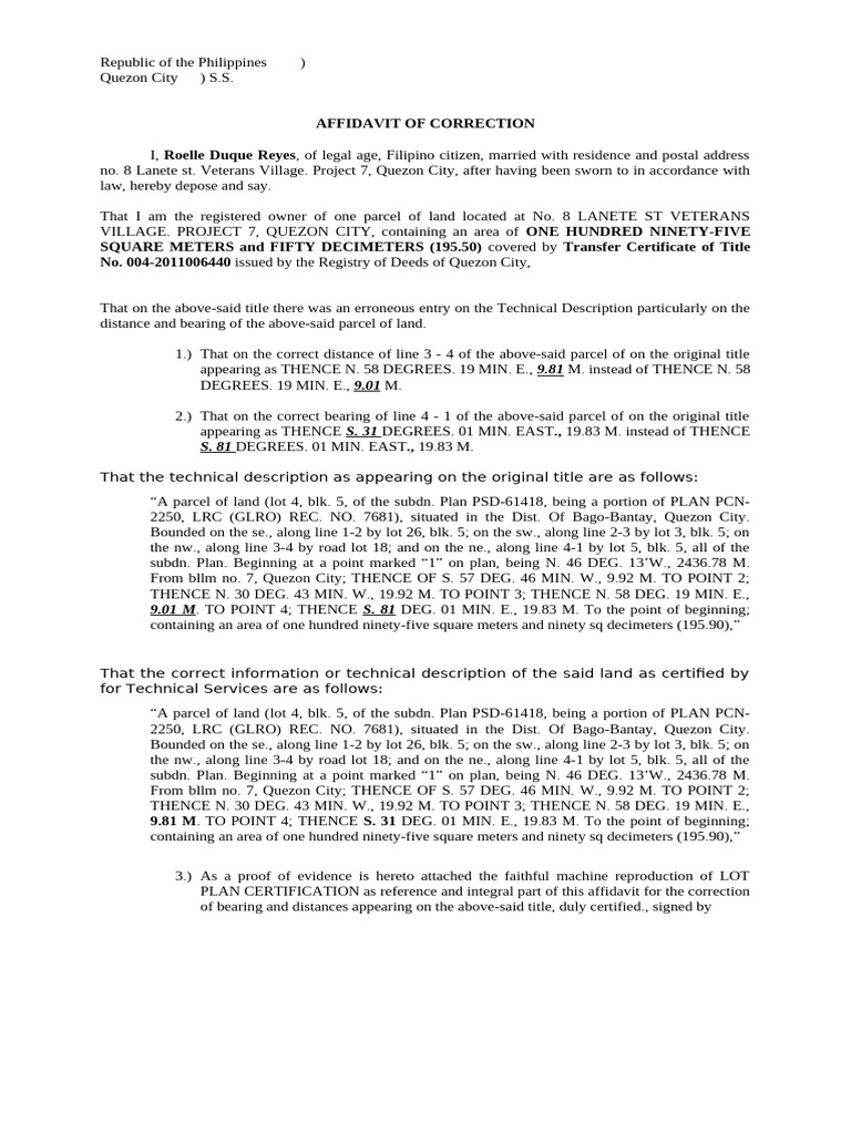 Affidavit of Land Title Correction | PDF | Affidavit | Legal Procedure