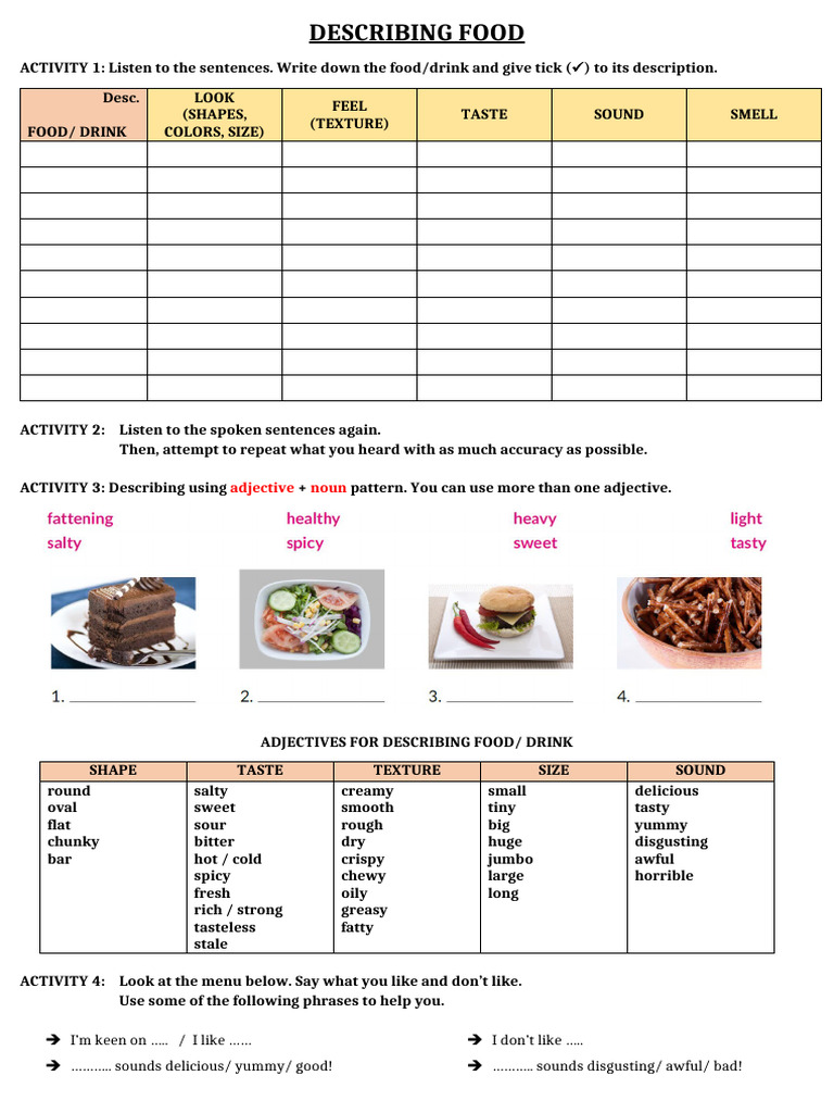DESCRIBING FOOD LKPD | PDF | Taste | Adjective