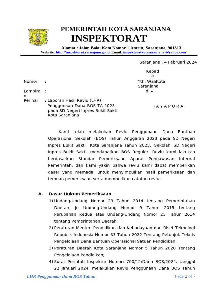 Laporan Hasil Reviu Dana BOS 2023 | PDF | Pengelolaan Keuangan & Uang