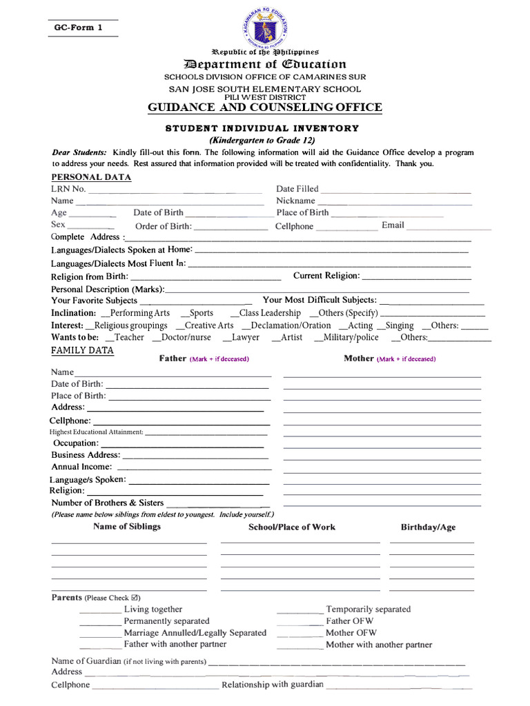 Student Individual Inventory Form | PDF