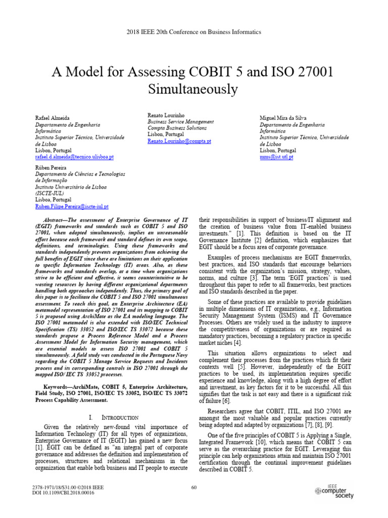 Simultaneous Assessment of COBIT 5 & ISO 27001 | PDF | Information ...