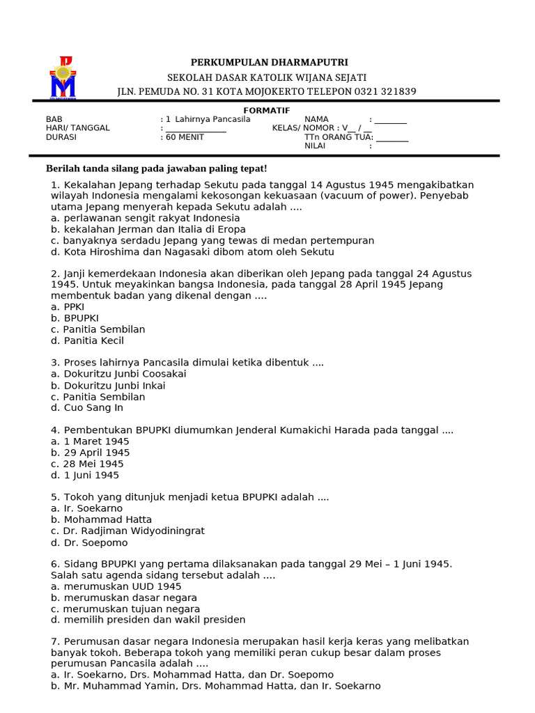 Soal Formatif PP Bab 1 Proses Perumusan Pancasila Sebagai Dasar Negara | PDF | Perjalanan