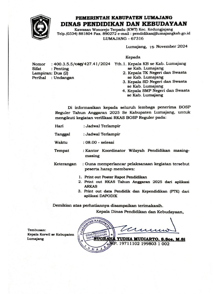 Surat Undangan Verifikasi Rkas Bosp Reguler TA 2025 | PDF