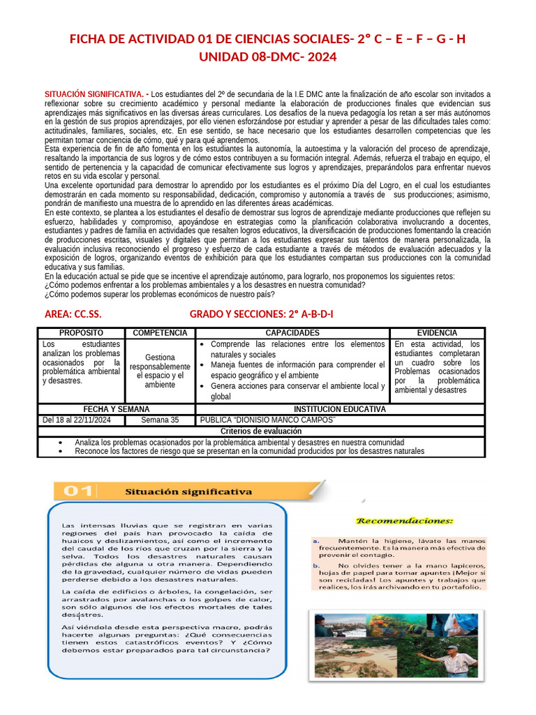 FICHA #01-2ºCCSS.-Unid.08-Sem35-IVBim-DMC-2024 | PDF | Riesgo | Aprendizaje