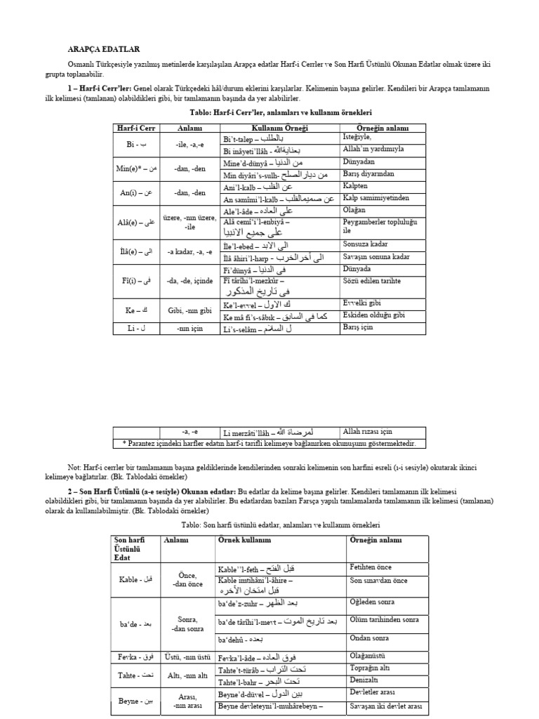 Arapça Edatlar Tablo | PDF